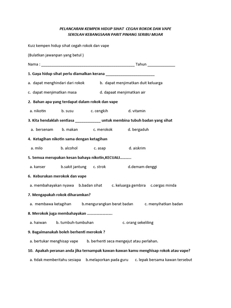 Kuiz Kempen Hidup Sihat Cegah Rokok Dan Vape | PDF