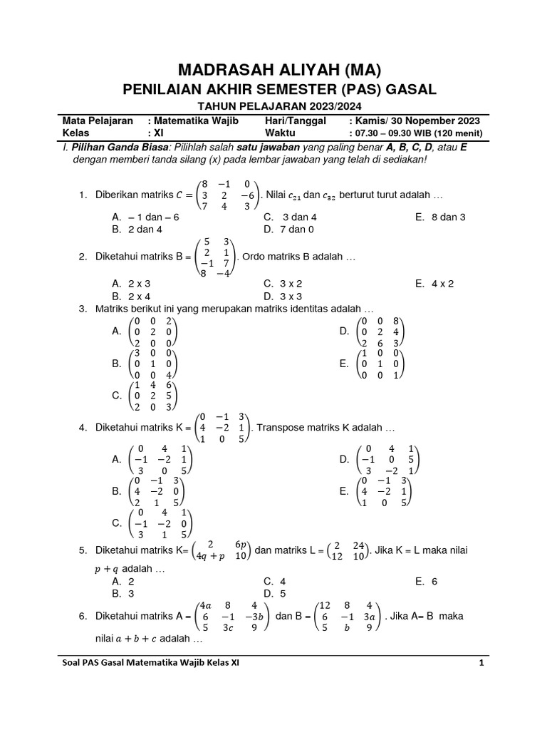 Soal PAS 11 Matematika Wajib | PDF