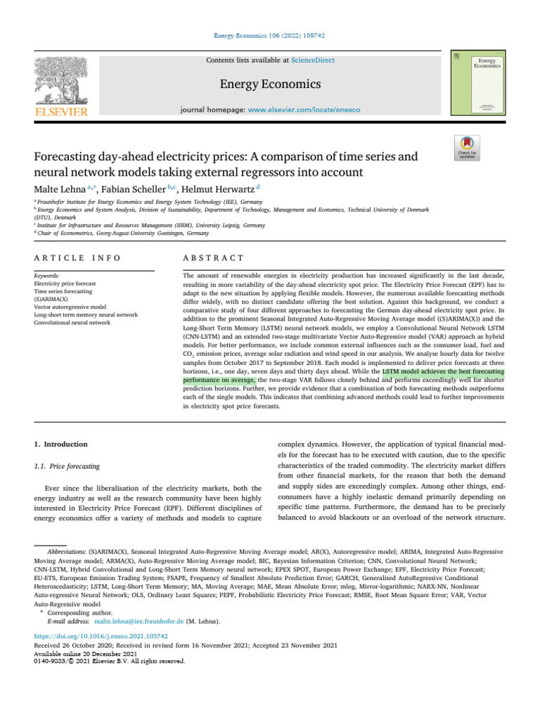 Lehna Et Al 2022 Forecasting Day Ahead Electricity Prices A