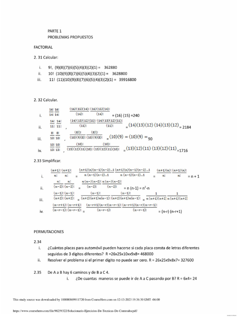 Solucionario Ejercicios de Tecnicas de Conteo PDF | PDF