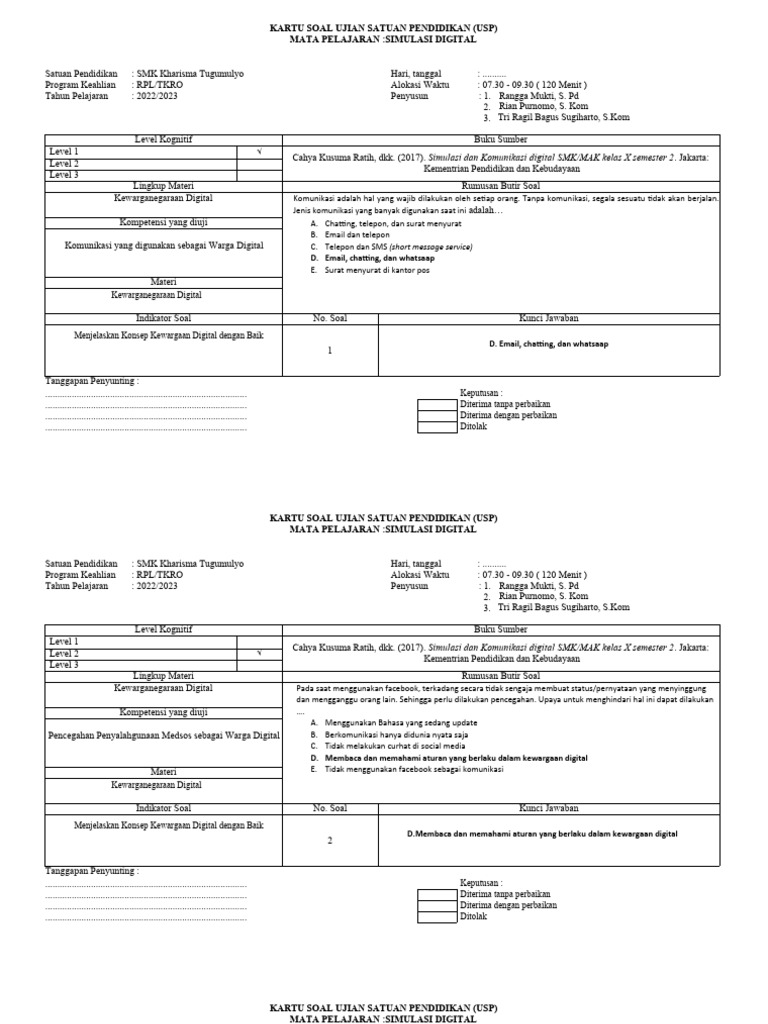 Format Kartu Soal Usp 2023 | PDF