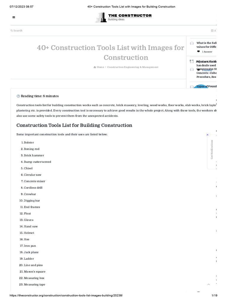 40+ Essential Construction Tools List | PDF | Concrete | Brick
