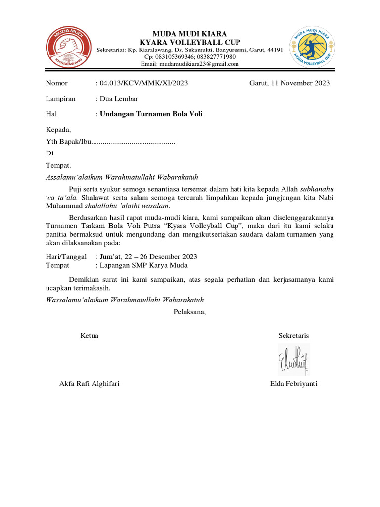 Surat Undangan Keikutsertaan Kegiatan Turnamen Voli Muda Mudi 2023-1 | PDF