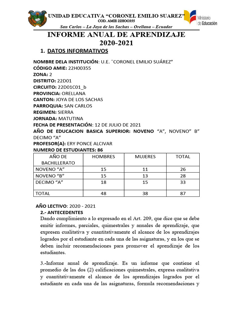 INFORME ANUAL DE APRENDIZAJE | PDF | Enseñando | Aprendizaje