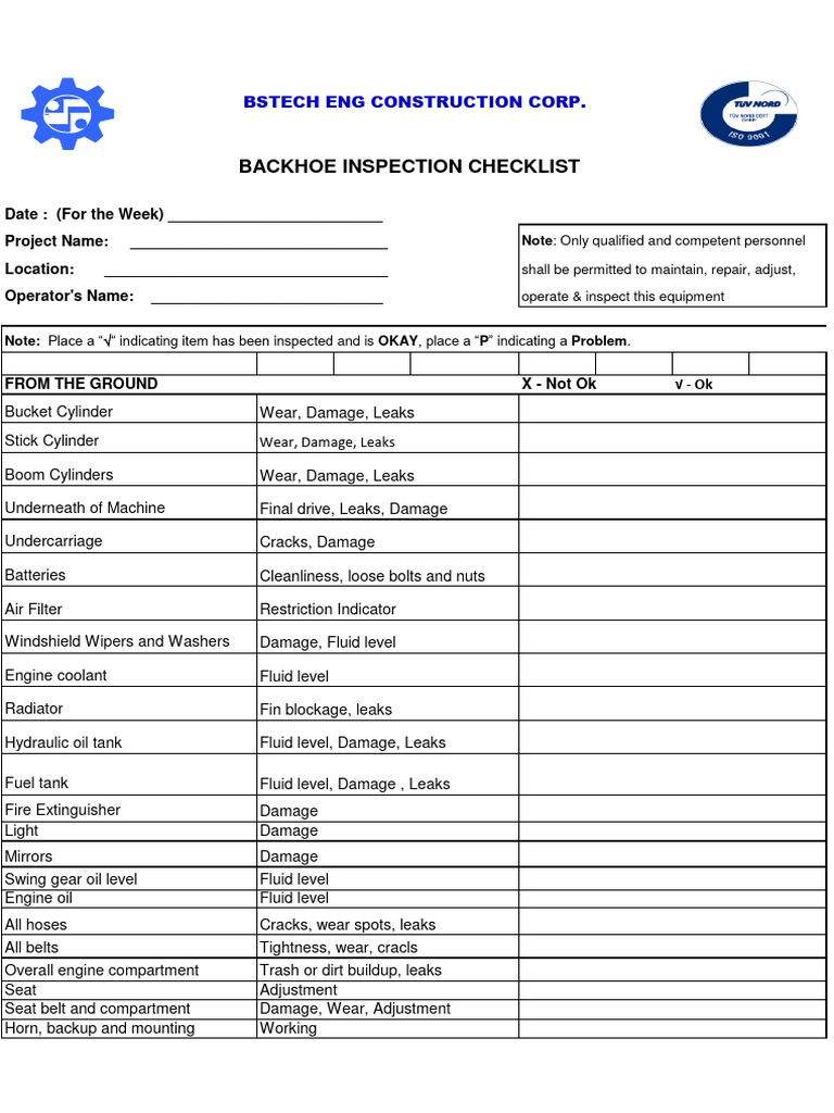 Bob Cat Inspection Checklist | PDF | Technology & Engineering