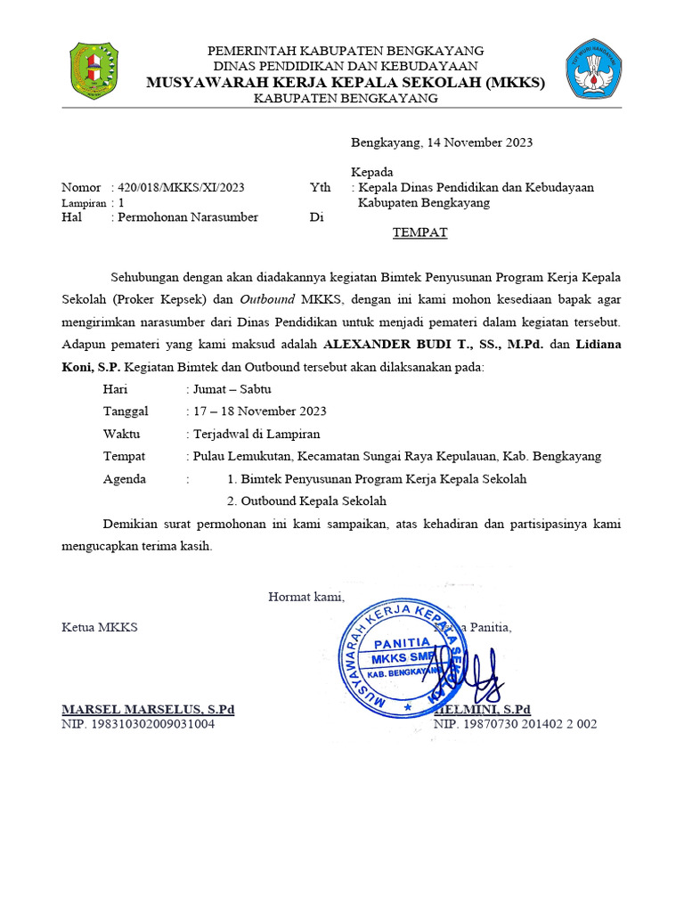 Surat Permohonan Narsum Bimtek Lemukutan Tanpa Cap Dan TTD Ketua MKKS | PDF