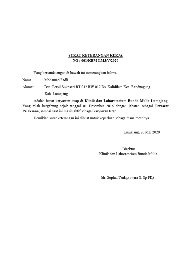 Surat Keterangan Kerja Karyawan Klinik | PDF