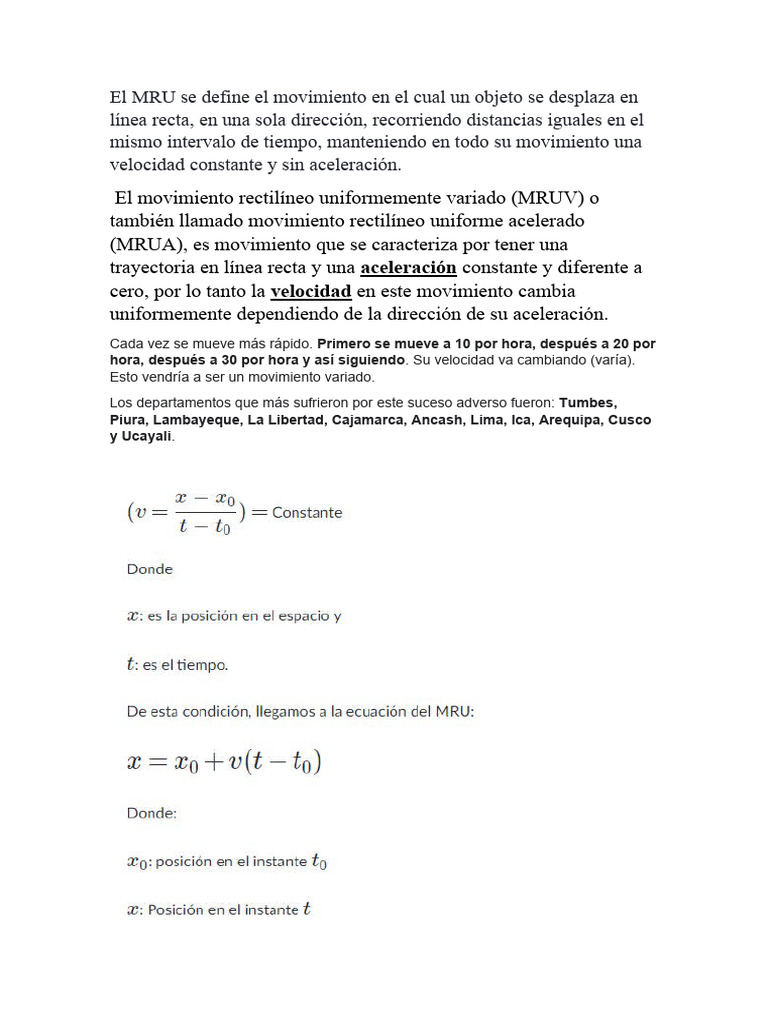 El MRU Se Define El Movimiento en El Cual Un Objeto Se Desplaza en Línea Recta | PDF