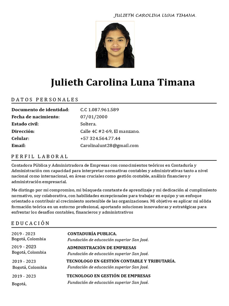 Hoja de Vida - Julieth Carolina Luna Timana | PDF | Contador | Bogotá