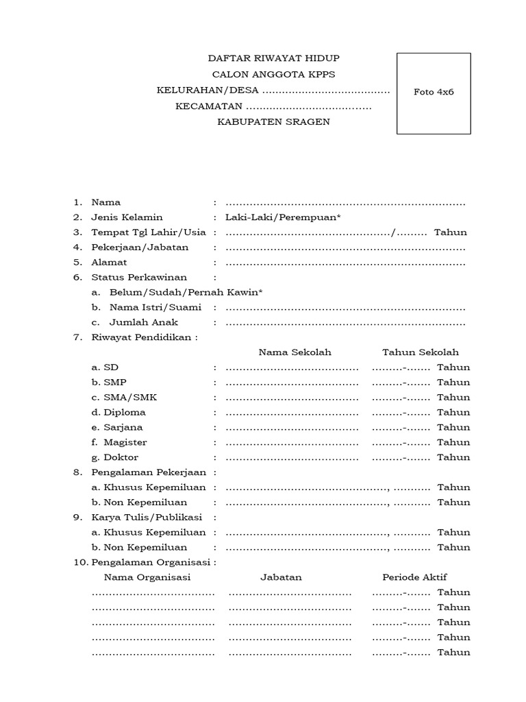 Formulir Daftar Riwayat Hidup - KPPS | PDF