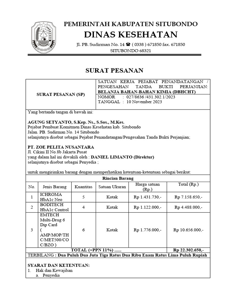 Surat Pesanan E-Purchasing Belanja Bahan Kimia ZOE DBHCHT | PDF