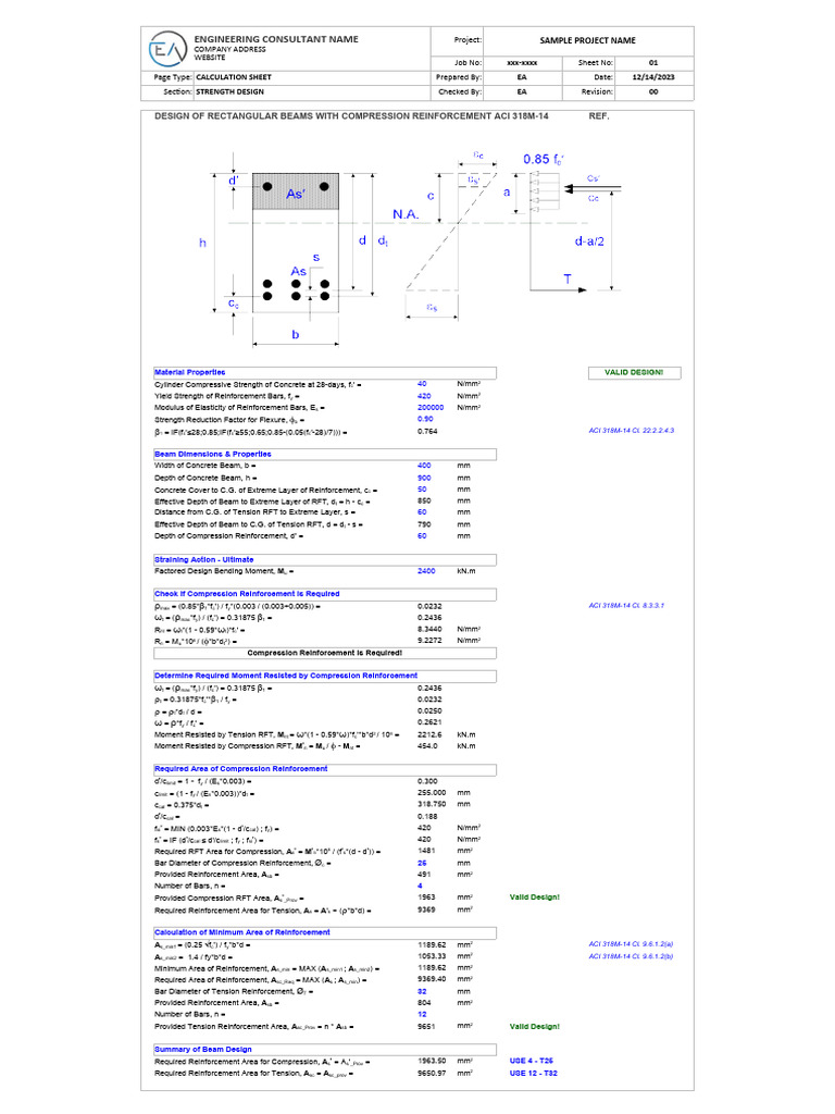 EA -Design of Rectangular Beams With Compression Reinforcement ACI 318M-14 v1.0 | PDF | Beam ...