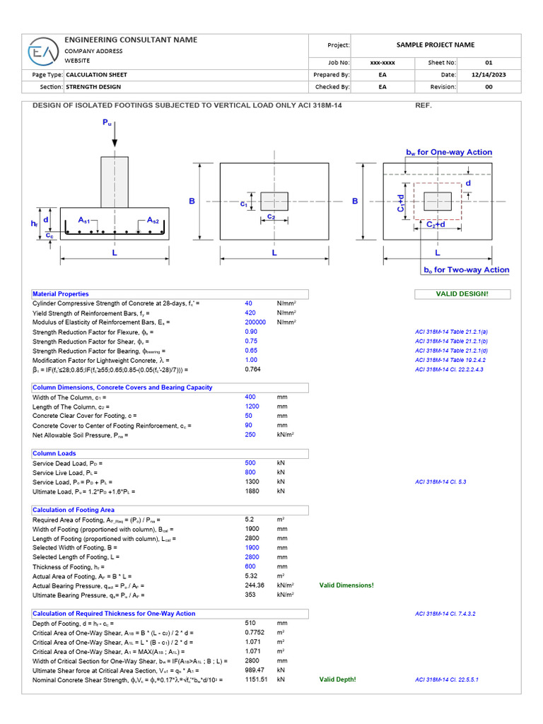 EA - Design of Isolated Footings Subjected To Vertical Load Only ACI 318M-14 v1.2 | PDF ...