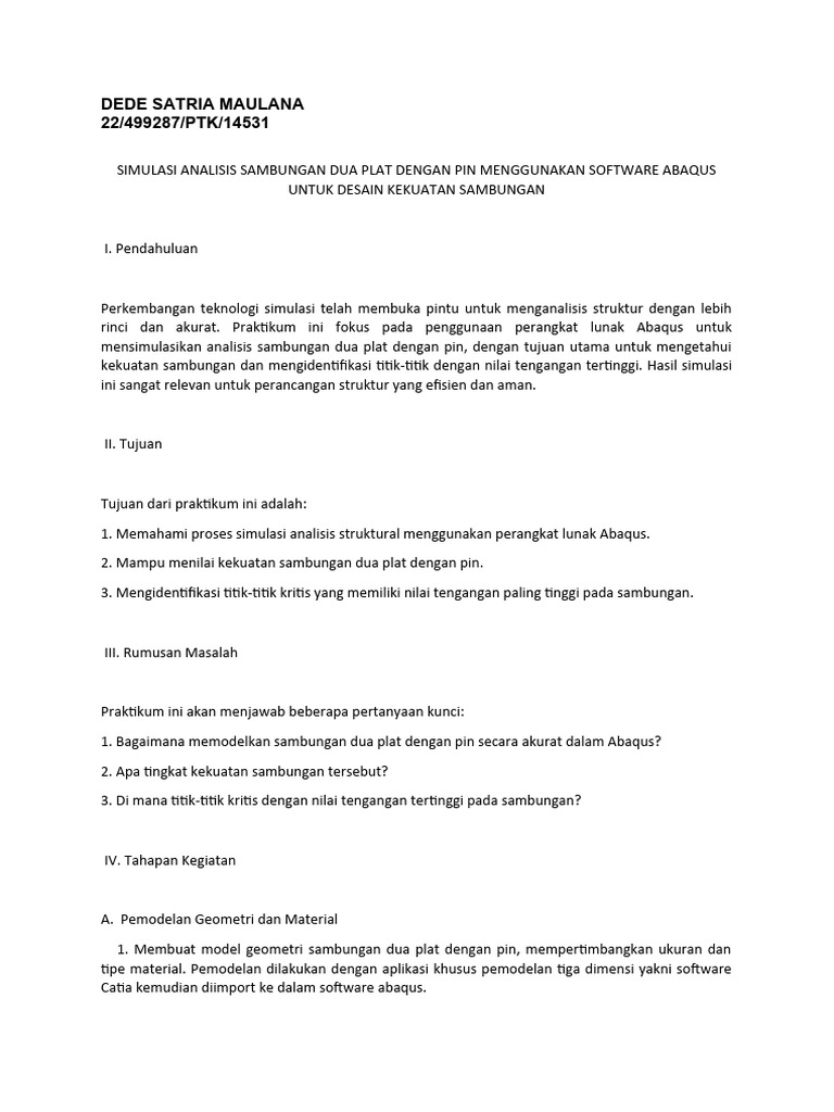 Simulasi Analisis Sambungan Dua Plat Dengan Pin Menggunakan Software