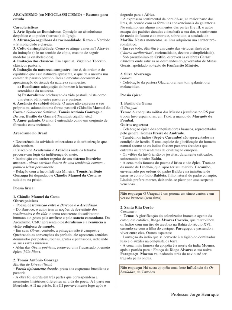 ARCADISMO-resumo para Estudo | PDF | Clássicos