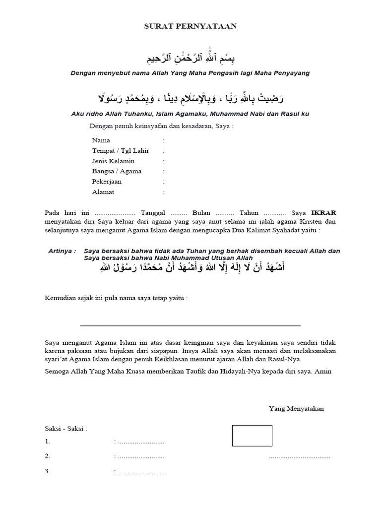 SURAT PERNYATAAN masuk islam | PDF