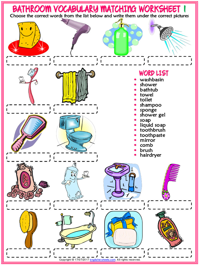 bathroom vocabulary esl matching exercise worksheets for kids-1 | PDF