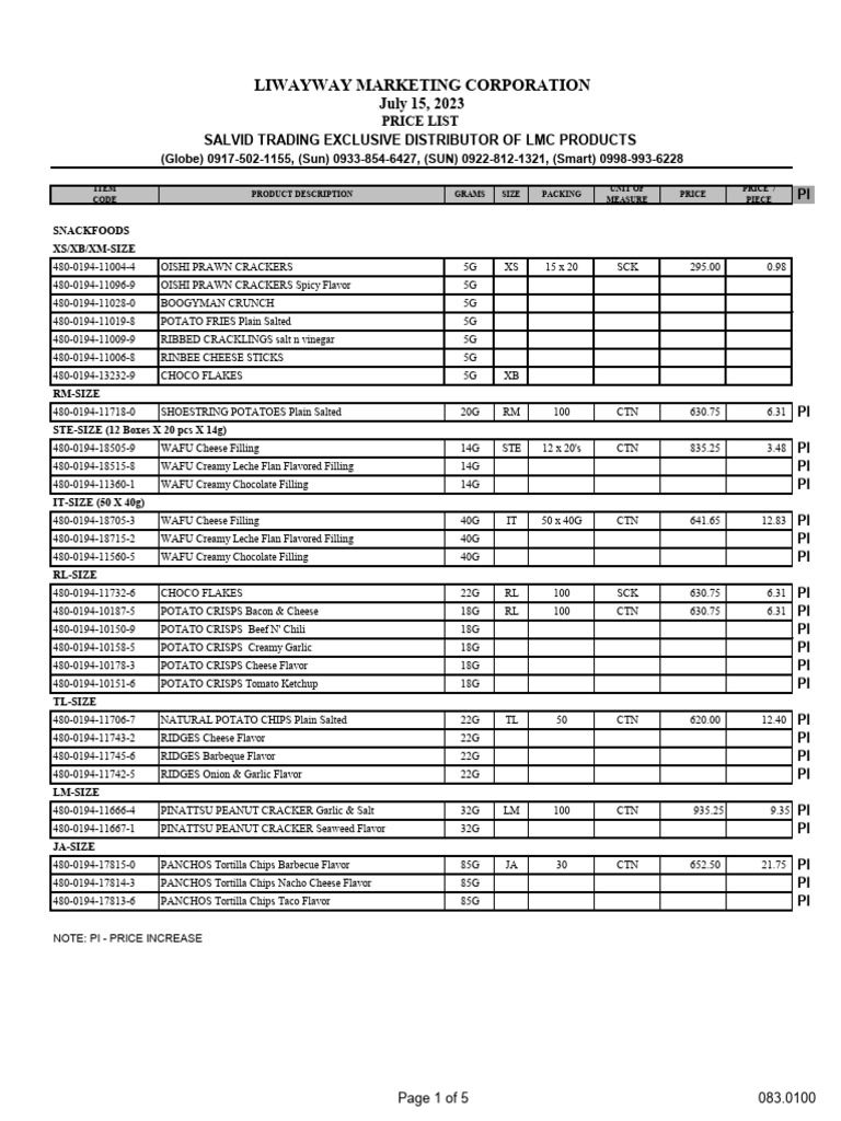 Snack Foods Price List 2023 | PDF | Potato Chip | Drink