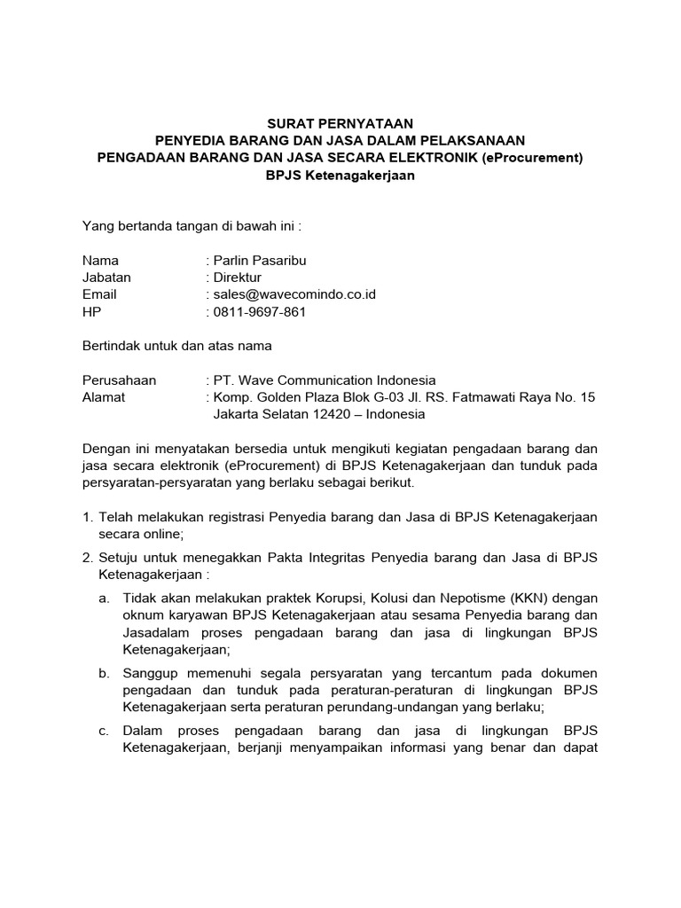 Surat Pernyataan Vendor | PDF