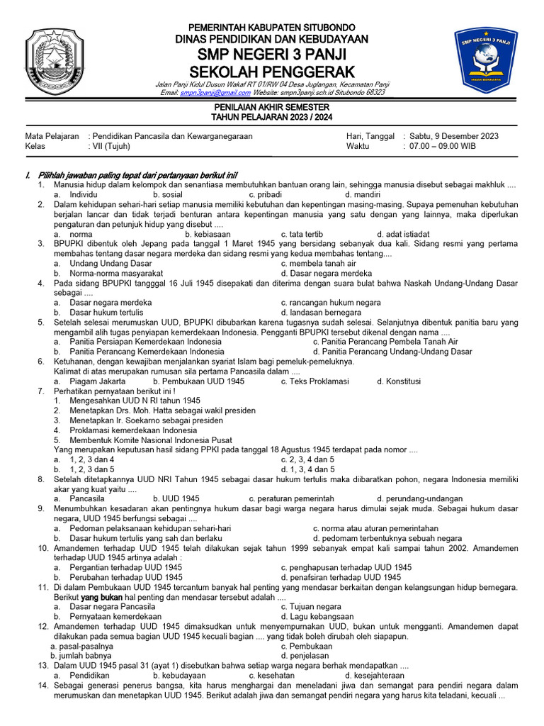 Soal PAS PPKn Kelas VII | PDF