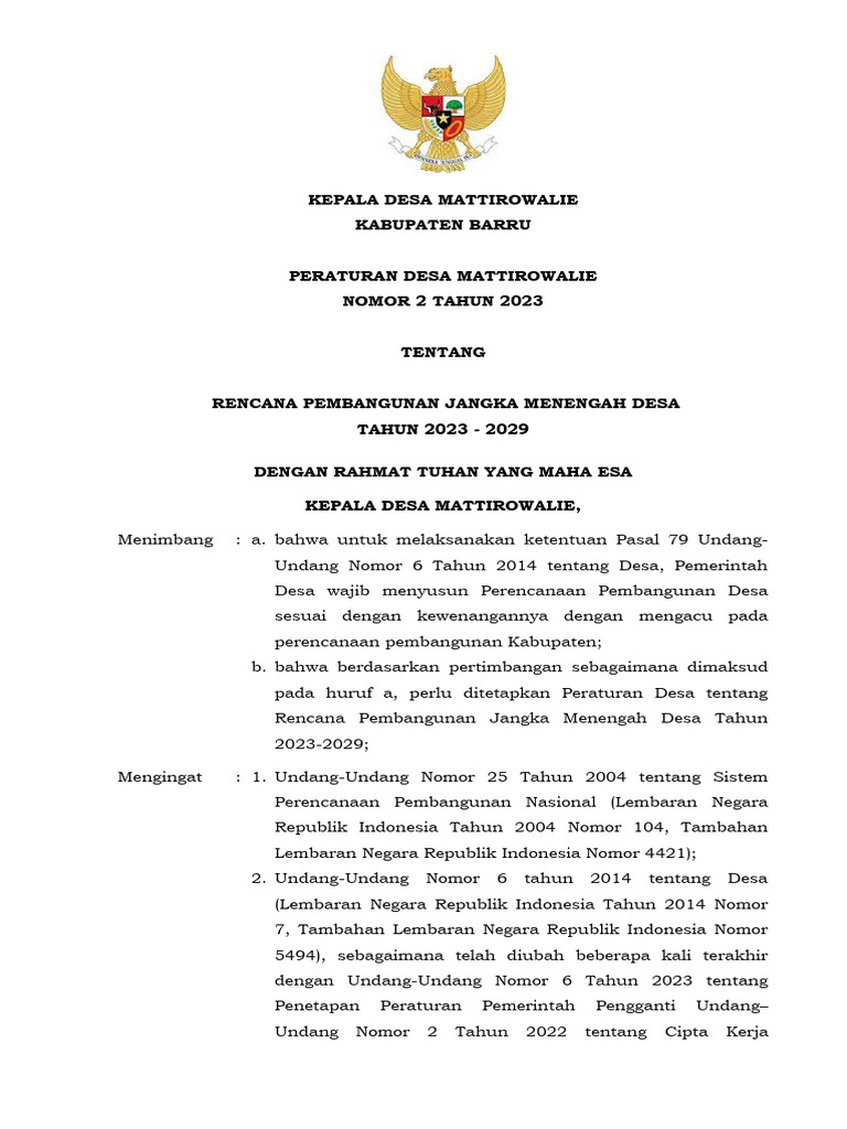 MATTIROWALIE RPJMDes PERATURAN DESA RPJMDes Acc | PDF | Griya & Taman