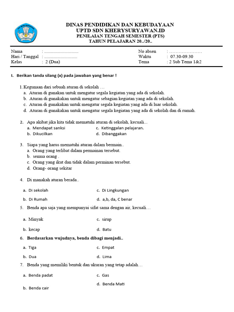 Soal PTS Kelas 2 Tema 2 Sub 1&2 | PDF | Seni & Disiplin Bahasa | Seni