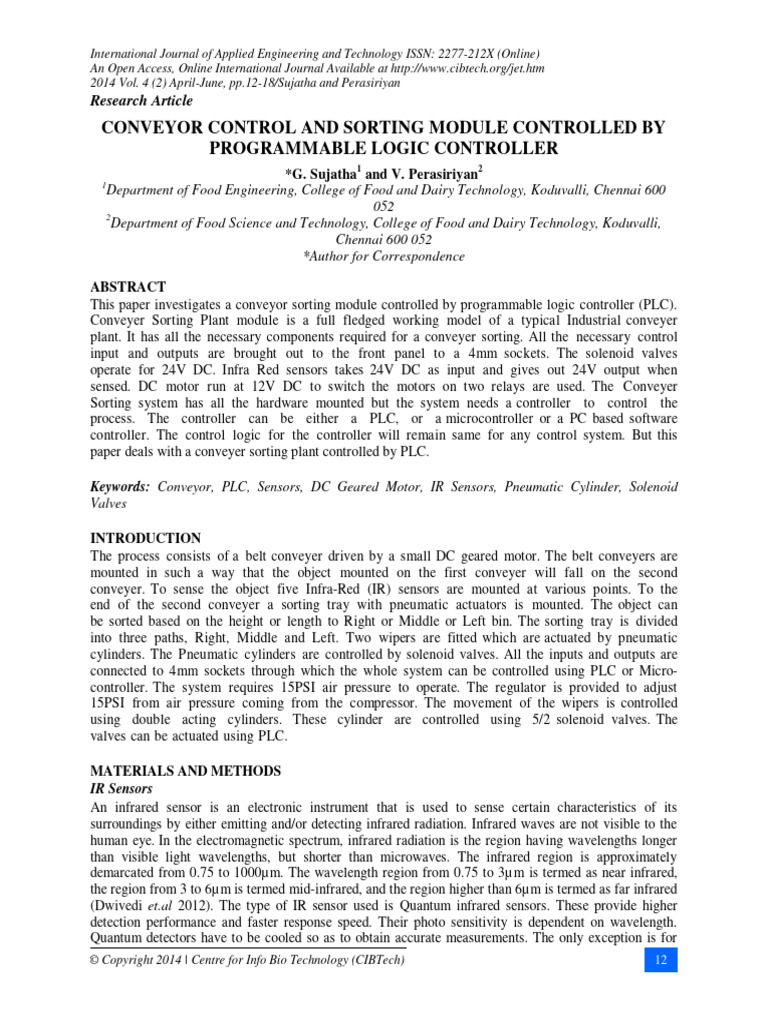 Conveyor control and sorting module controlled byProgrammable Logic Controller | PDF | Infrared ...