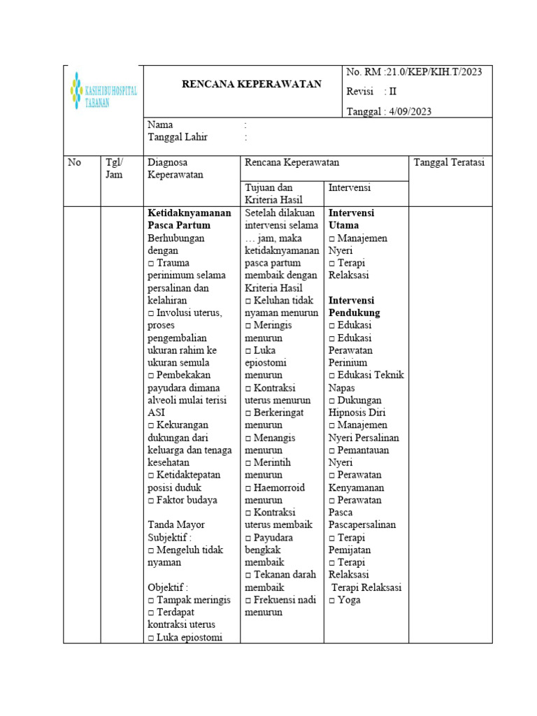 Rencana Perawatan Ketidaknyamanan Pasca Partum | PDF