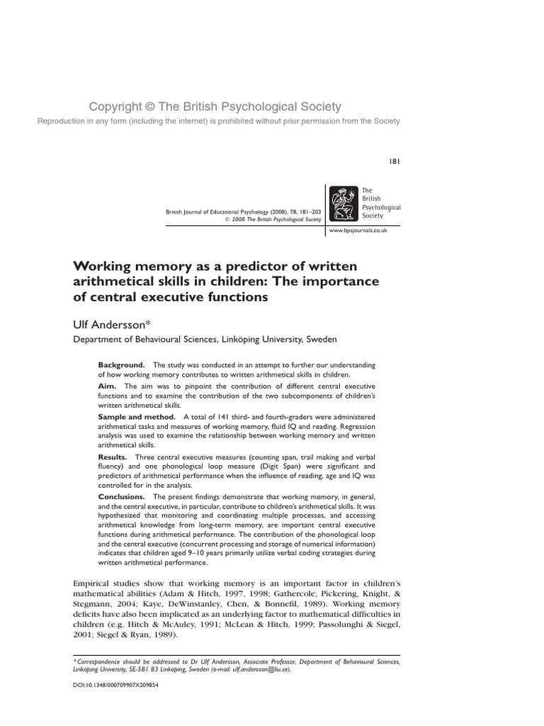 Andersson - Working Memory As A Predictor of Written Arithmetical ...
