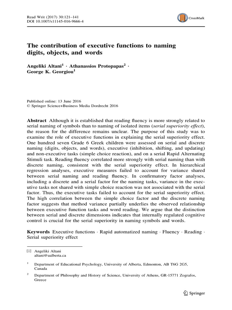 Altani et al - The Contribution of Executive Functions to Naming Digits, Objects, and Words ...