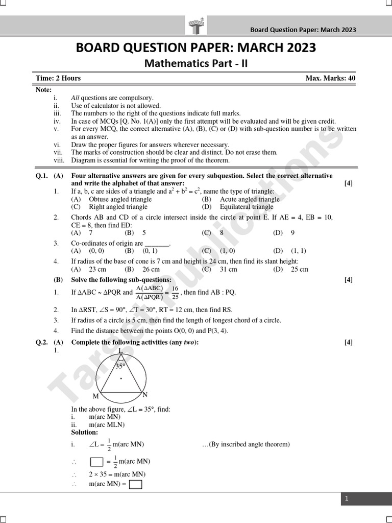 Std. 10th Board Question Paper Maths Part II - Mar 2023_6411b0300cdee ...