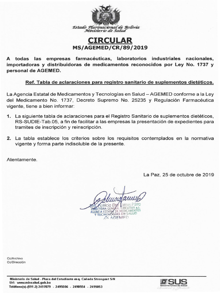 Circular 89-2019 Suplementos | PDF | Suplementos dietéticos | Medicamentos con receta