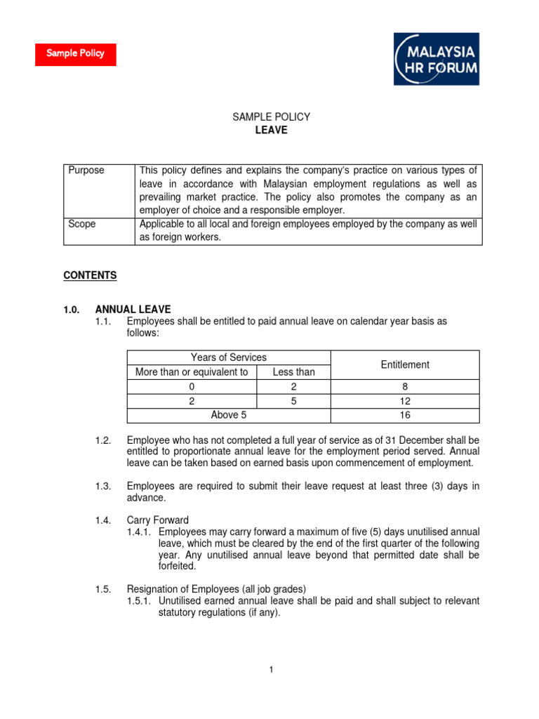 Sample Policy - Leave | PDF | Sick Leave | Annual Leave