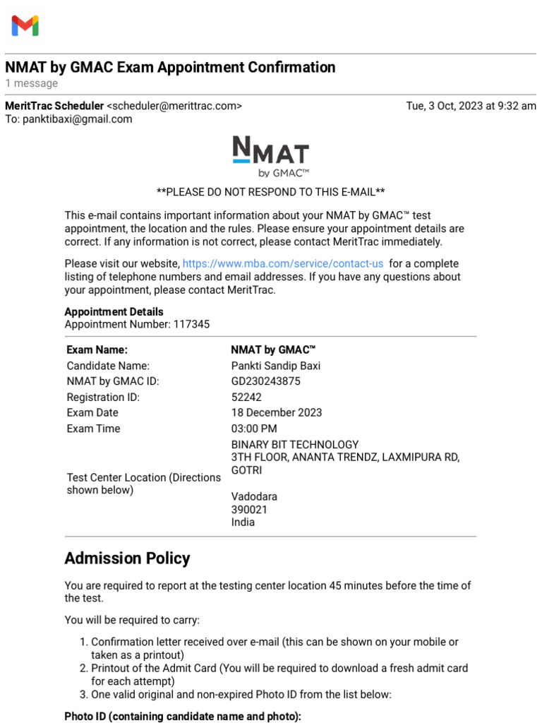 NMAT Exam Confirmation Notice | PDF