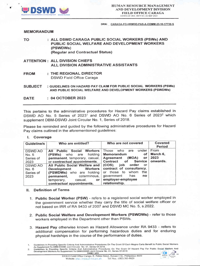 2023 MEMO ON HAZARD PAY CLAIM FOR PSWs PSWDWs | PDF