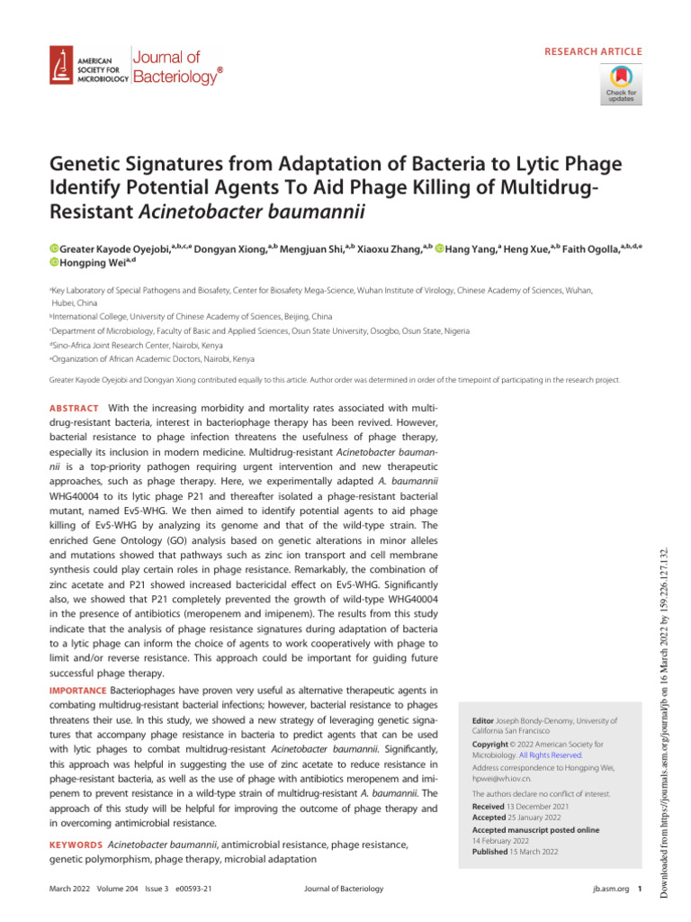 Genetic Signatures From Adaptation of Bacteria To Lytic Phage Identify Potential Agents To Aid ...