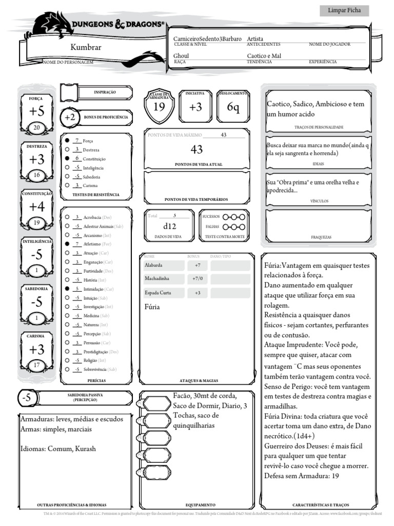 Ficha de Personagem D&D 5E | PDF | Dungeons & Dragons (jogo)