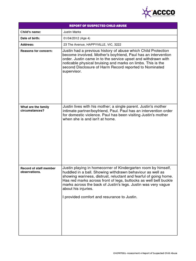 Rachael-Lyn Anderson CHCPRT001- Assessment 4 Report of Suspected Child Abuse | PDF | Child ...