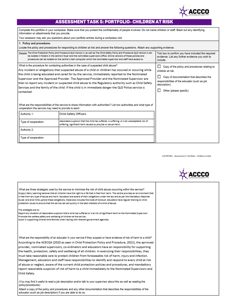 CHCPRT001 - R-L ANDERSON Assessment Task 5 Portfolio | PDF | Child Protection | Risk