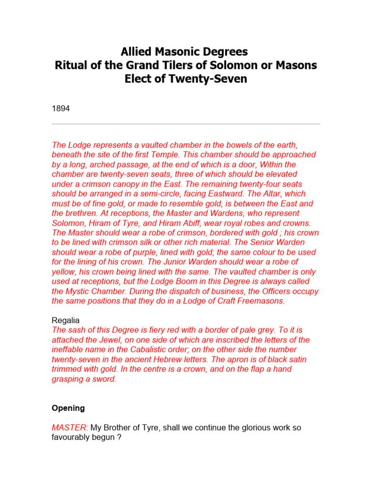 Allied Masonic Degrees Ritual of The Grand Tilers of Solomon or Masons ...