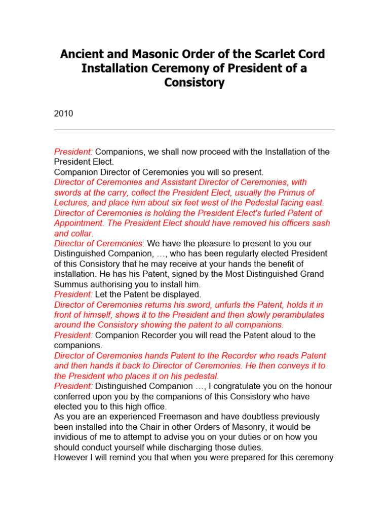 Ancient and Masonic Order of The Scarlet Cord Installation Ceremony of ...