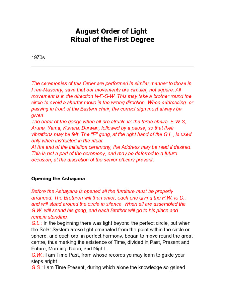 August Order of Light Ritual of The First Degree | PDF | Freemasonry ...