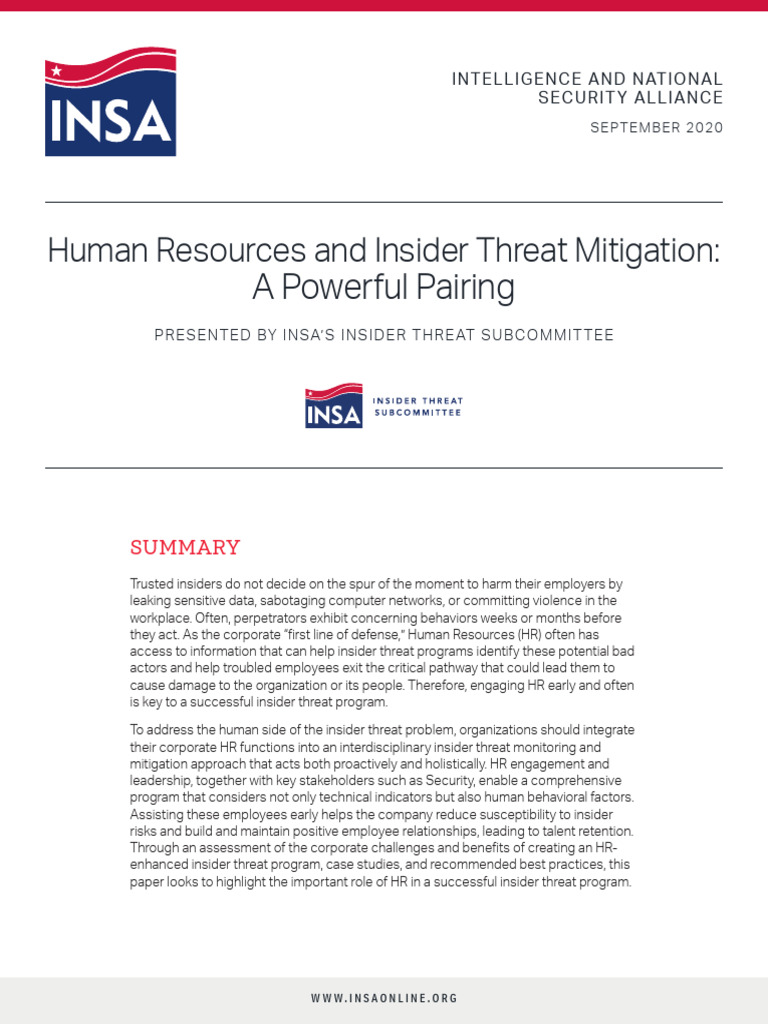 Human Resources and Insider Threat Mitigation 2020 INSA - Intelligence ...