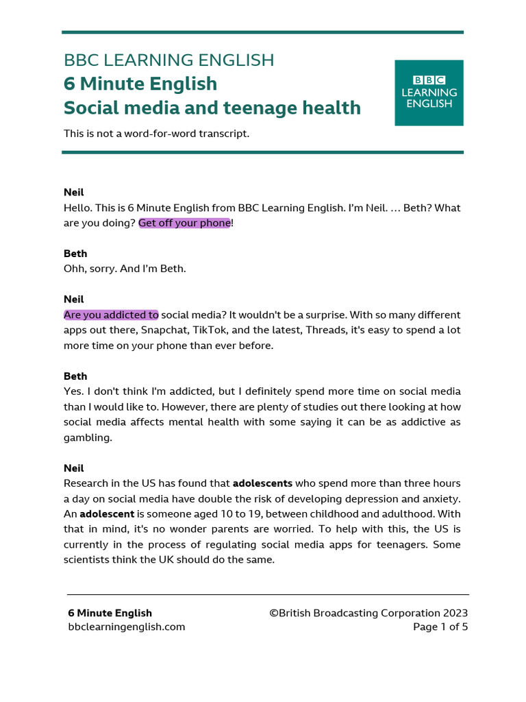 BBC6_minute_english_social_media_and_teenage_health | PDF | Social ...