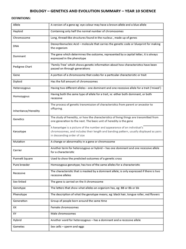 Genetics and Evolution SUMMARY NOTES | PDF | Dominance (Genetics ...