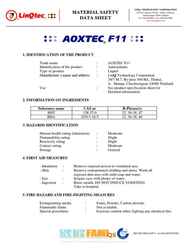 Aoxtec F11 MSDS | PDF | Personal Protective Equipment | Safety