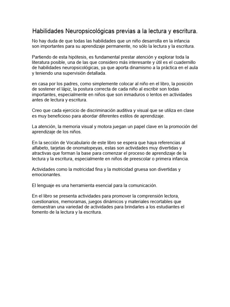 Habilidades Neuropsicológicas Previas A La Lectura y Escritura | PDF