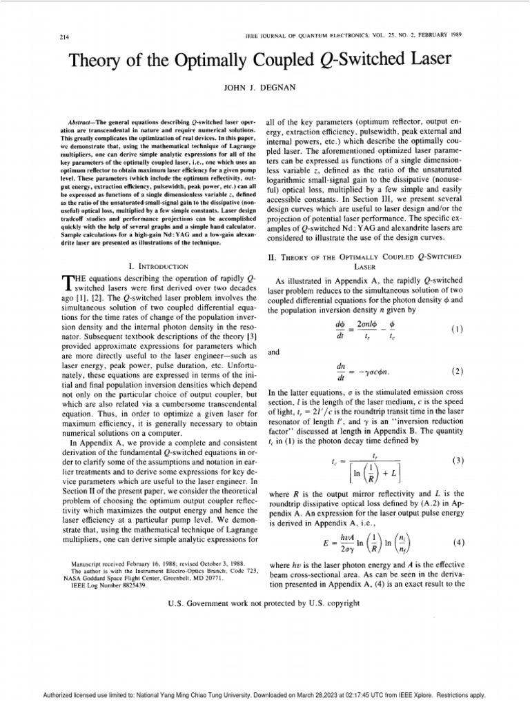 Theory of The Optimally Coupled Q-Switched Laser | PDF | Laser ...