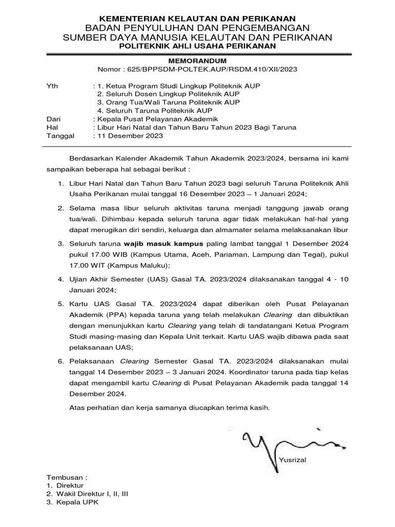 MEMO Pemberitahuan Libur Taruna Gasal 23-24 (Nataba) | PDF
