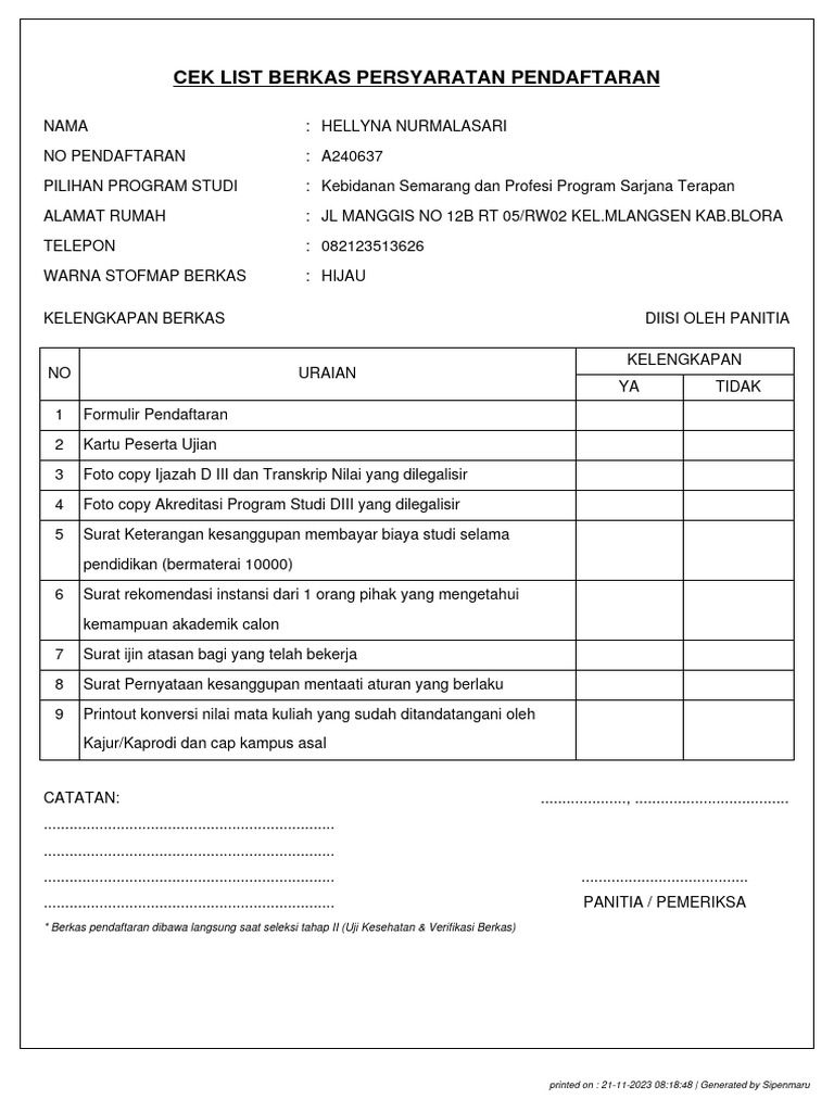 Berkas Pendaftaran Program RPL Alih Jenjang A240637 | PDF